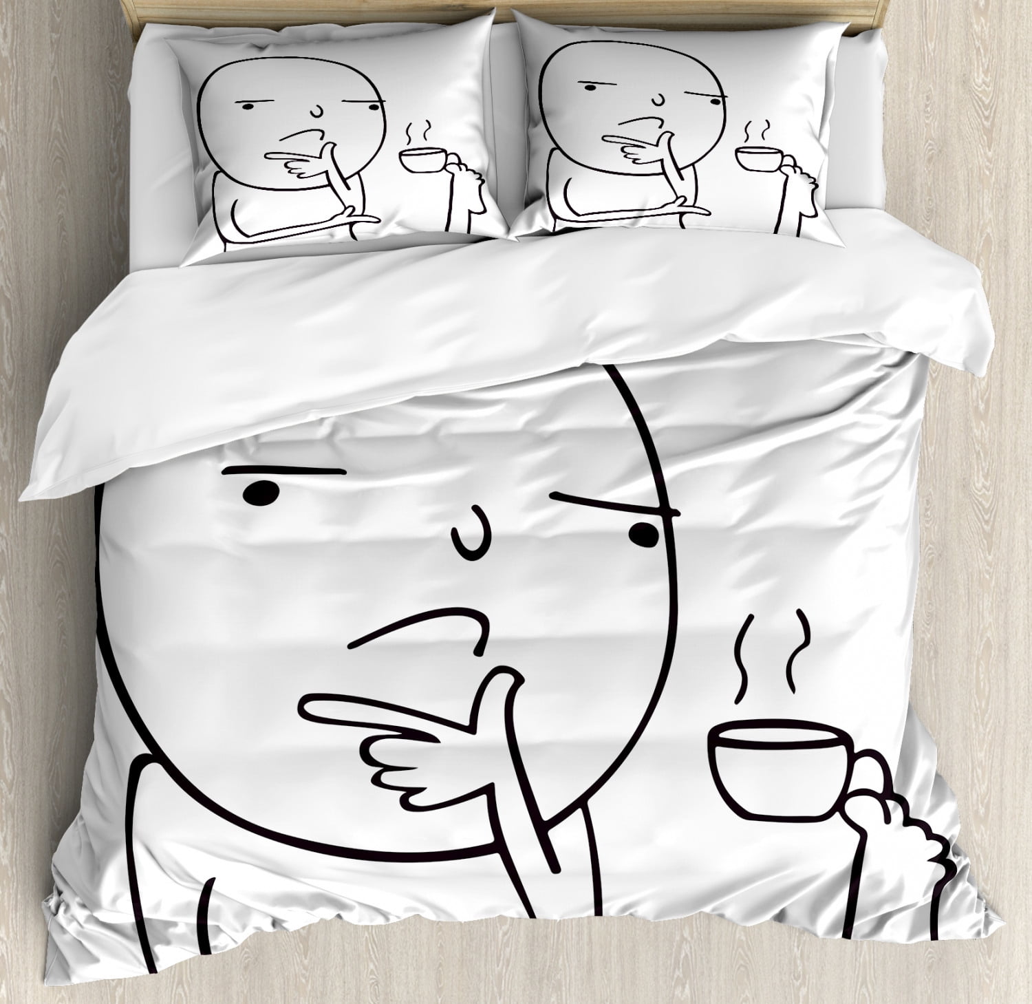 Humor Decor Queen Size Duvet Cover Set, Thoughtful Meme Drinking Coffee ...