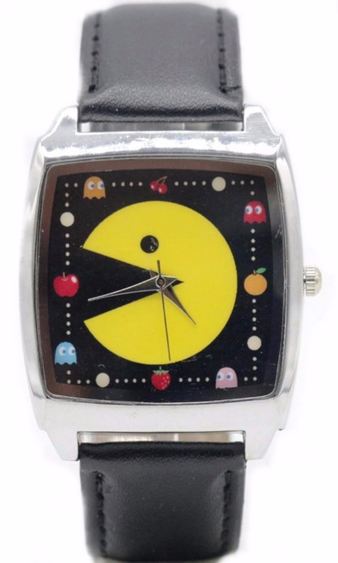 Pac-Man Themed Square Face Black Leather Band Timepiece - Walmart.com