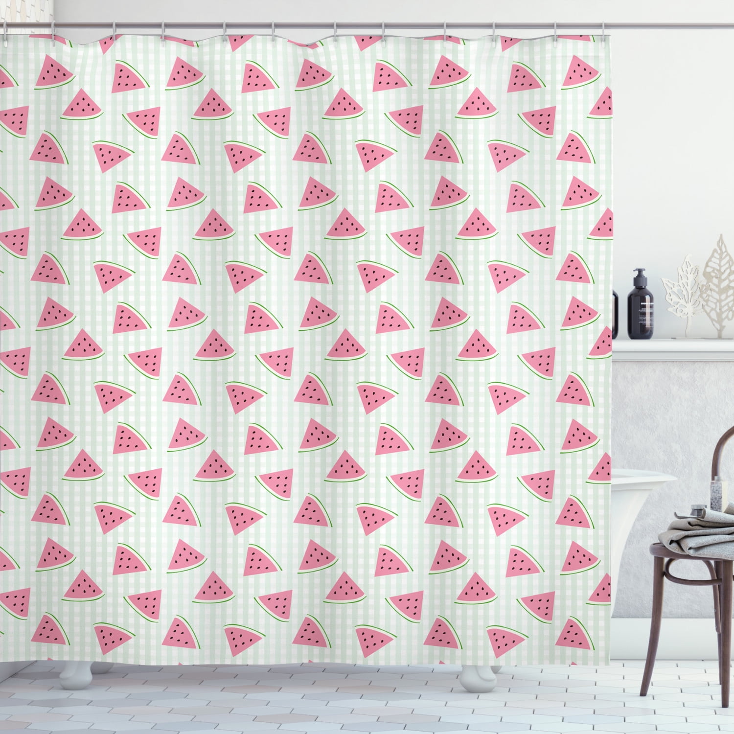 Watermelon Shower Curtain, Slices on a Checkered Inspired Background ...