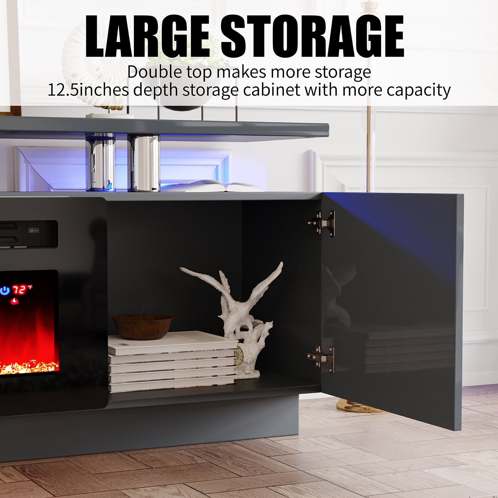 VANACC 2-tier Fireplace TV Stand, 70in High Gloss Entertainment Center ...