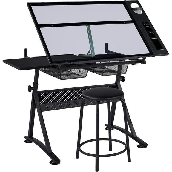 VECELO Drafting Table with Stool Set, Top Adjustable Desk Tilting Tabletop Paintings Work ...