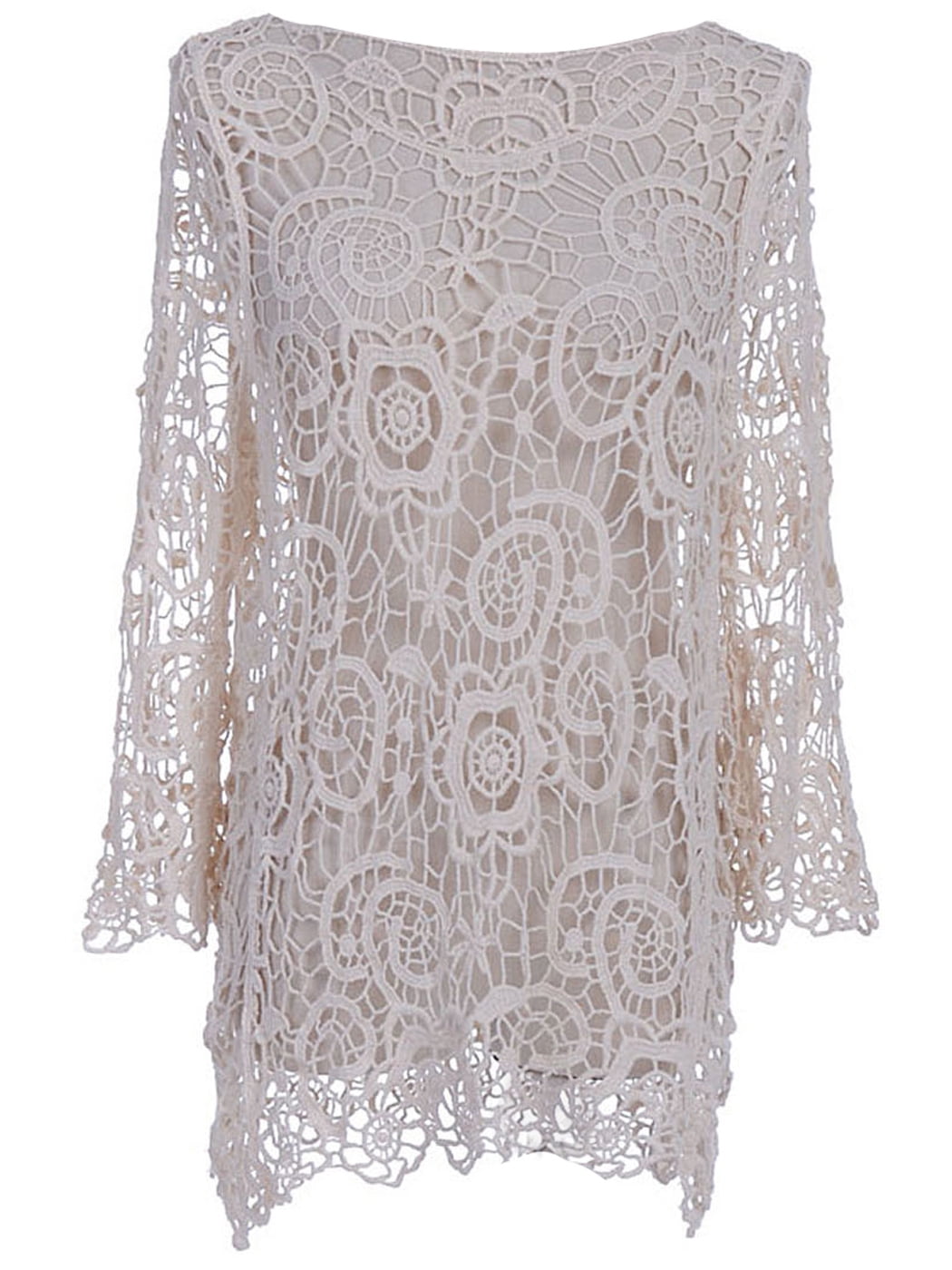 S/M Fit Beige Floral and Swirl Pattern Crochet Loose Knit Net Sweater ...