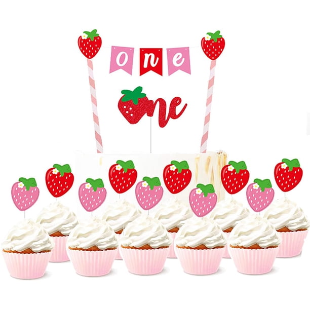 Strawberry One Cake Topper Kits Strawberry Cupcake Topper 1st Birthday ...