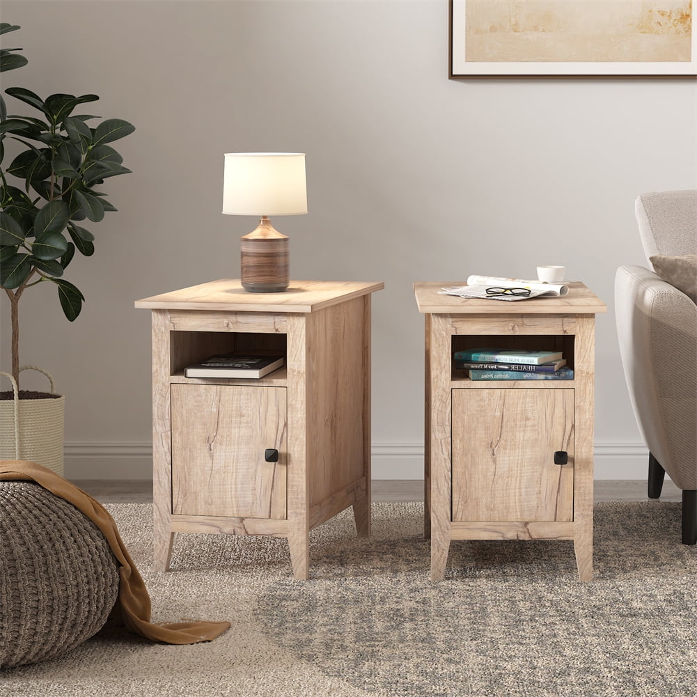 Cfowner Set of 2 Wooden Narrow Nightstand with Open Shelf and Large ...