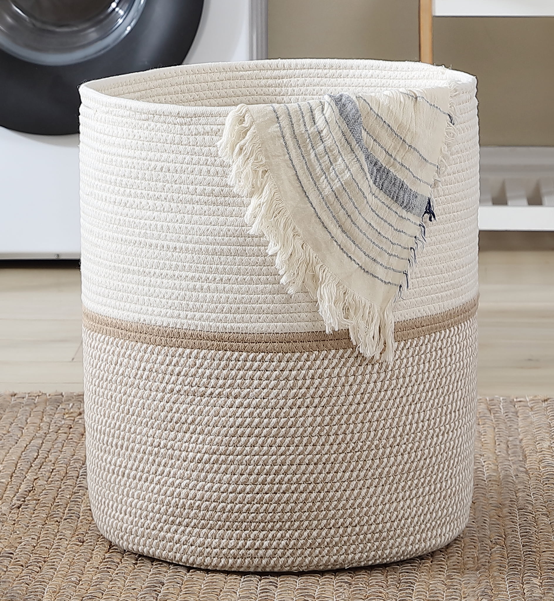 Large Woven Cotton Rope Tall 18" Height Laundry Hamper Basket with ...