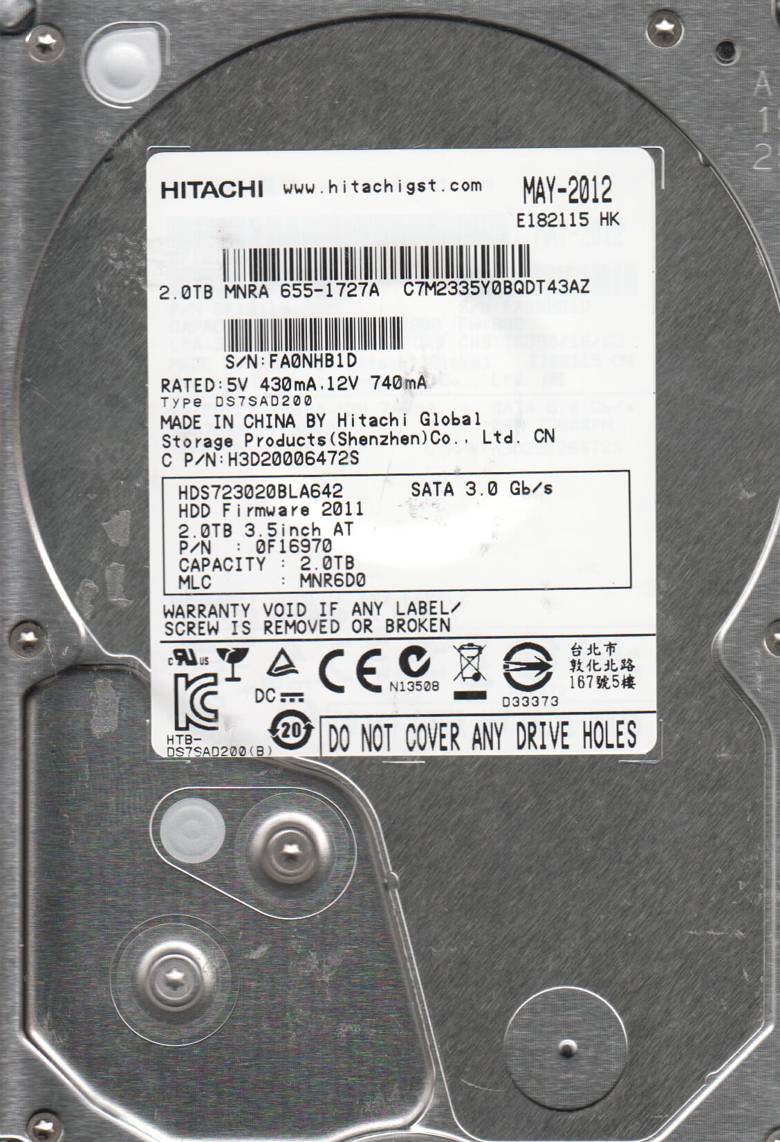 HDS723020BLA642, PN 0F16970, MLC MNR6D0, Hitachi 2TB SATA 3.5 Hard ...