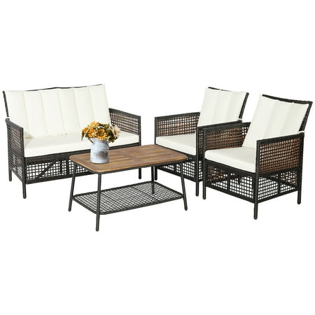Costway Patiojoy 4PCS Patio Rattan Furniture Set Cushioned Chairs Wood ...