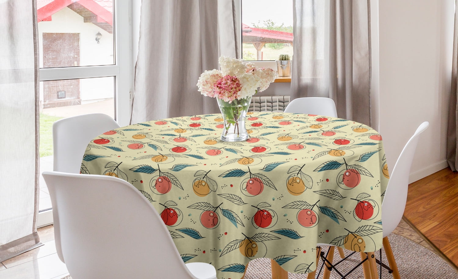 Fruit Round Tablecloth, Contour Fresh Tangerines with Long Leaves ...