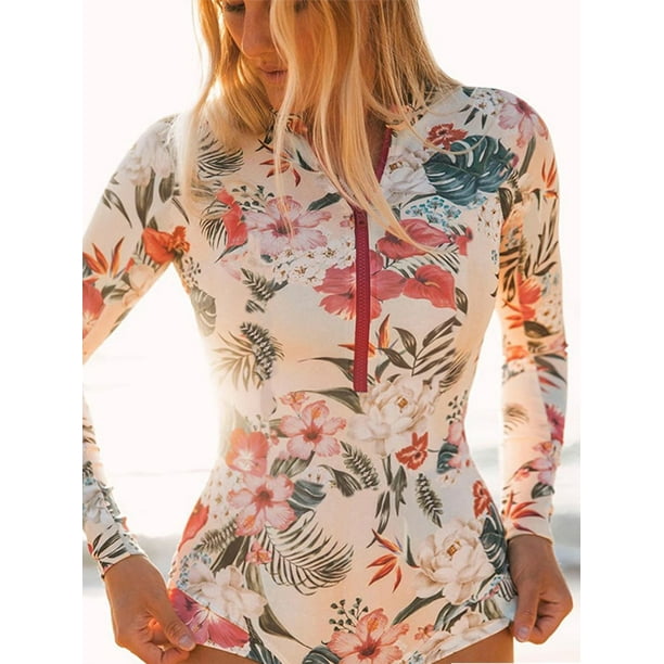 Charmo Women's One Piece Zipper Front Rashguard Swimsuit Floral Surfing ...