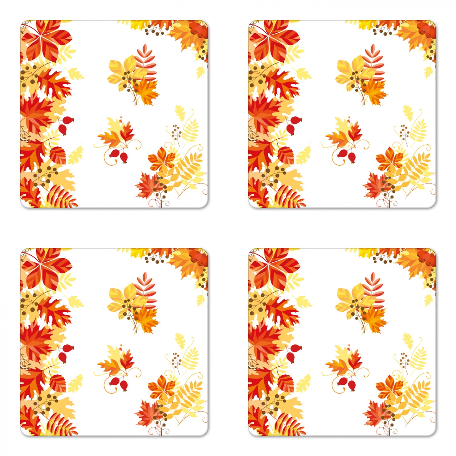 Fall Coaster Set of 4, Autumn Themed Pattern Chestnut Oak Maple Leaves ...