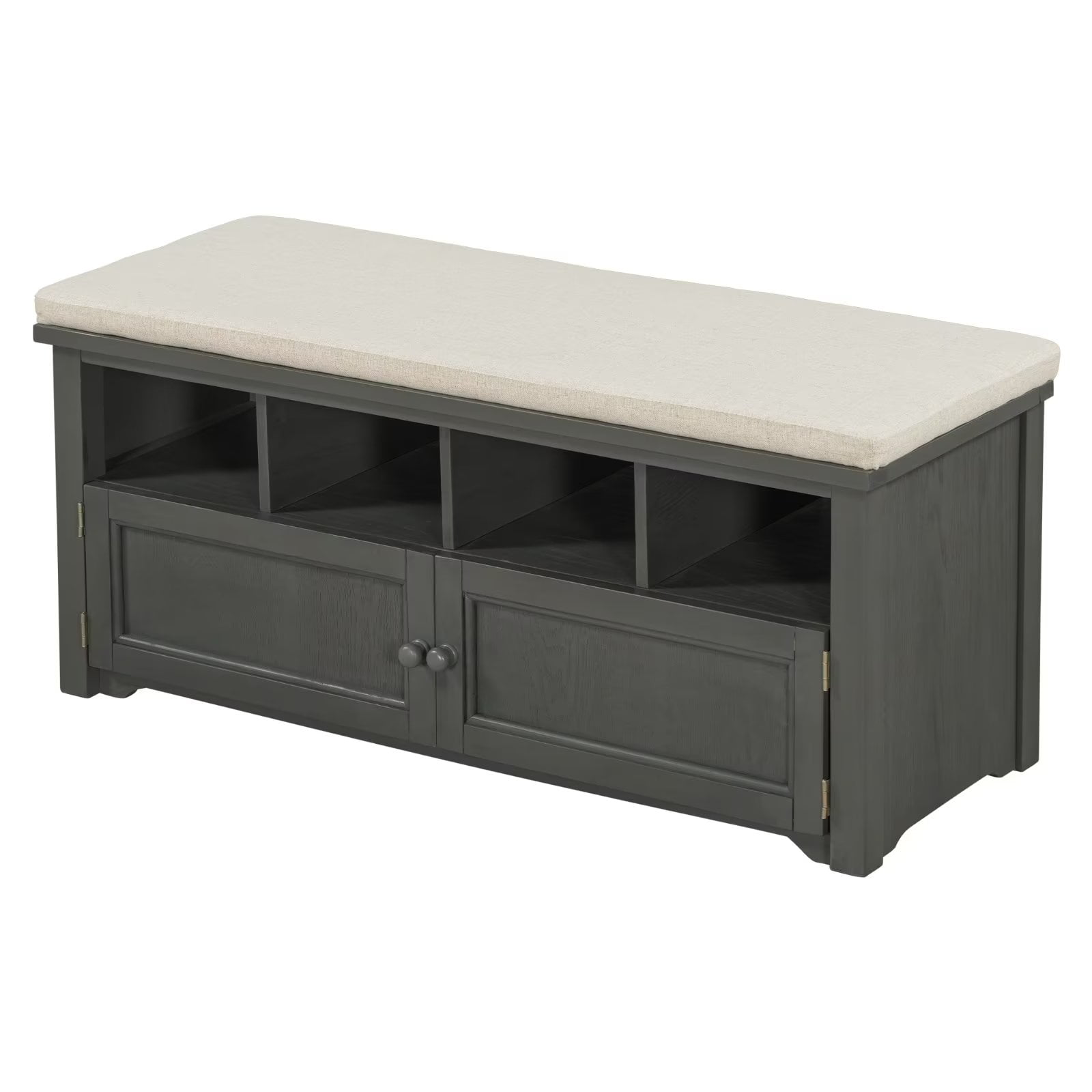 Rustic Storage Bench with Two-Door Storage and Linen Upholstered Top ...