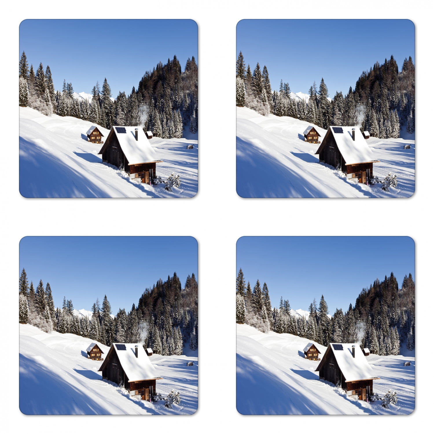 Winter Coaster Set of 4, Log Cabins in the Mountains Sunny Winter Day ...