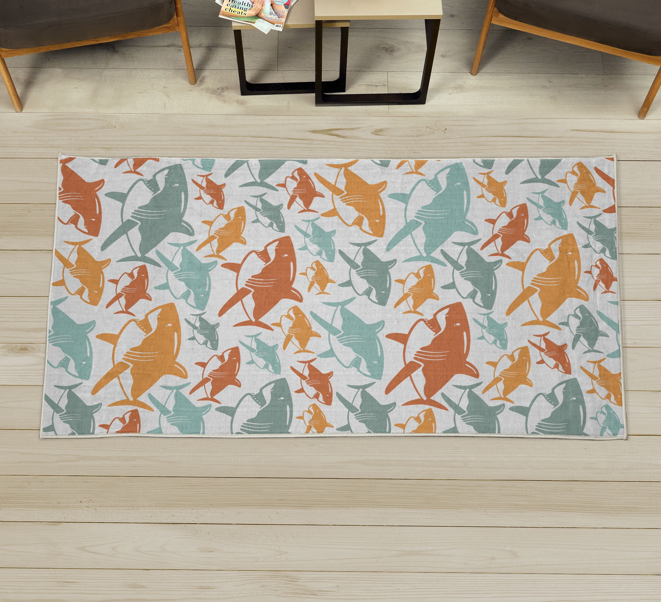 Shark Decorative Rug, Colorful Underwater Fish Pattern Masters Survival ...