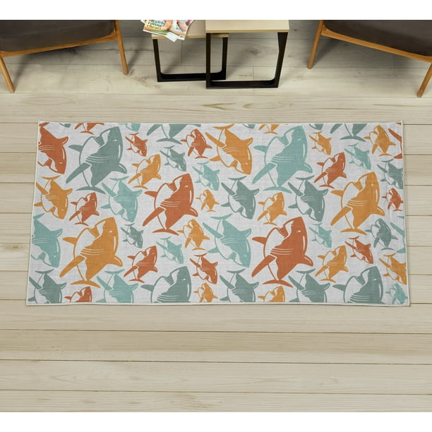 Shark Decorative Rug, Colorful Underwater Fish Pattern Masters Survival ...
