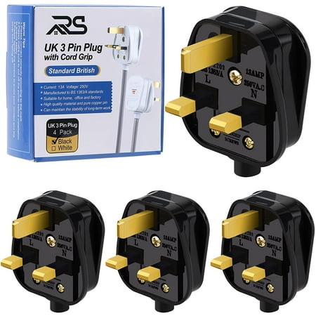 4 Pack 13 A Fused Mains Plugs 3 Pin Plug with Cord Grip 250 V Mains ...
