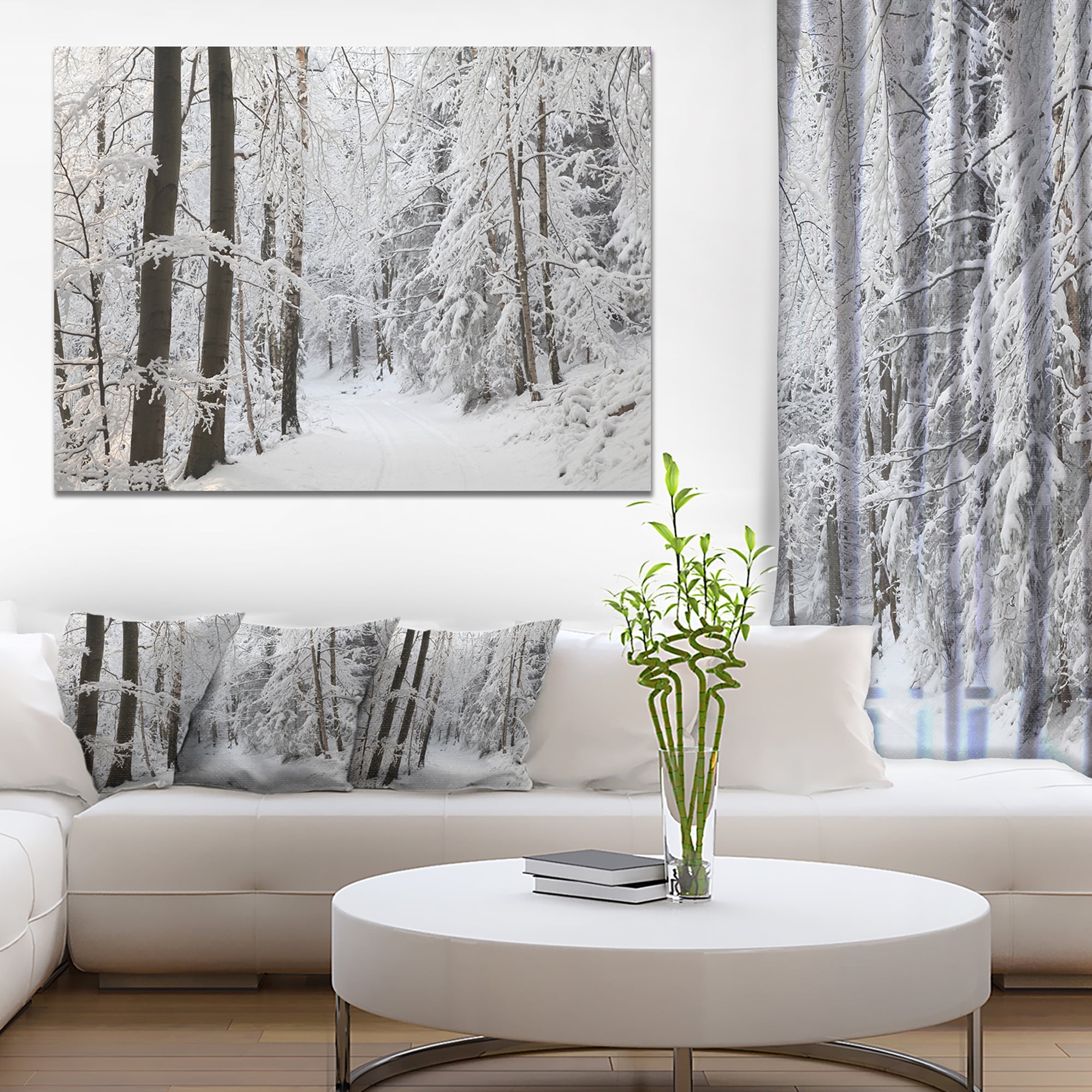 Click here for Designart Dense Winter Forest And Lane - Large For... prices
