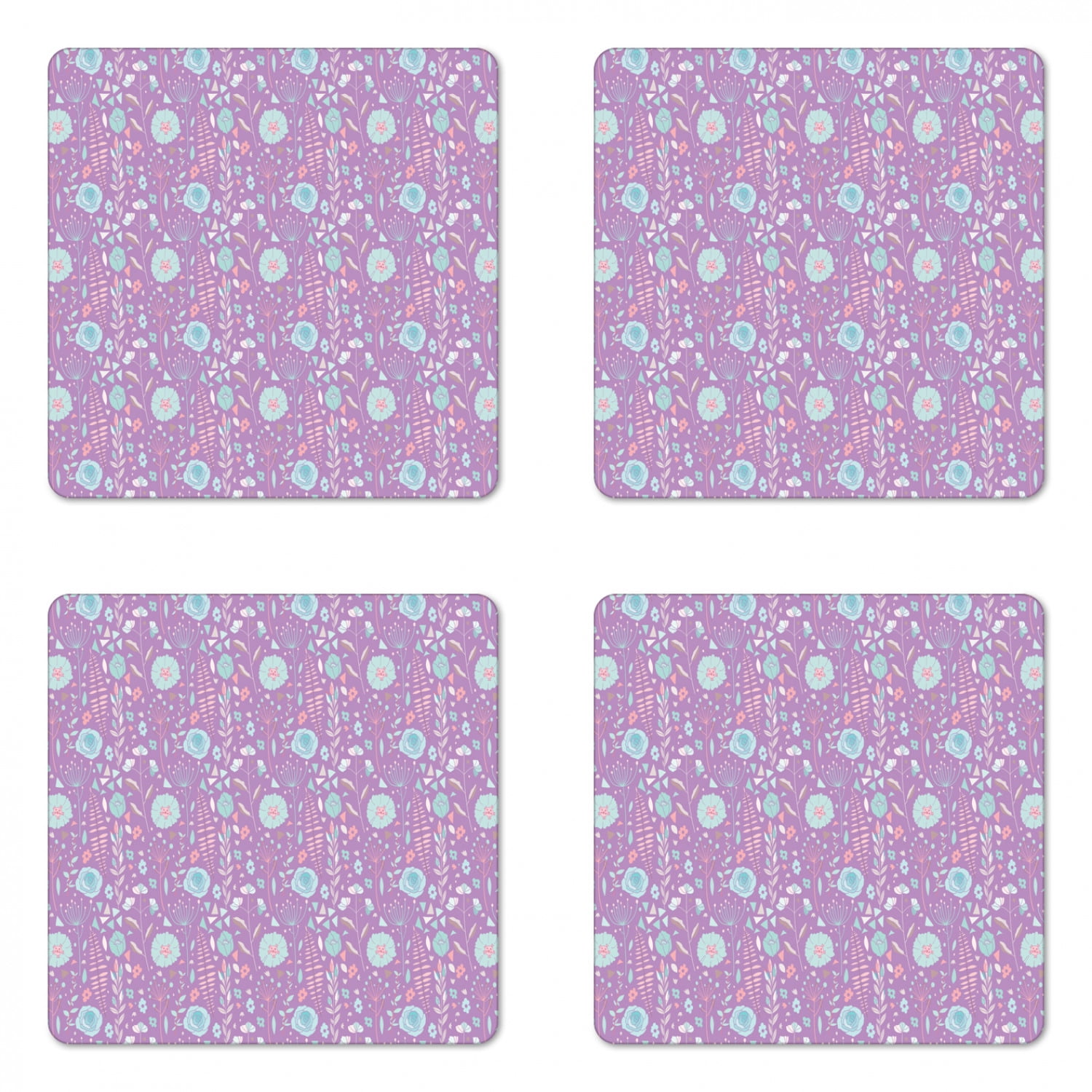 Botanical Coaster Set of 4, Doodle Flowers Foliage Retro Idyllic ...