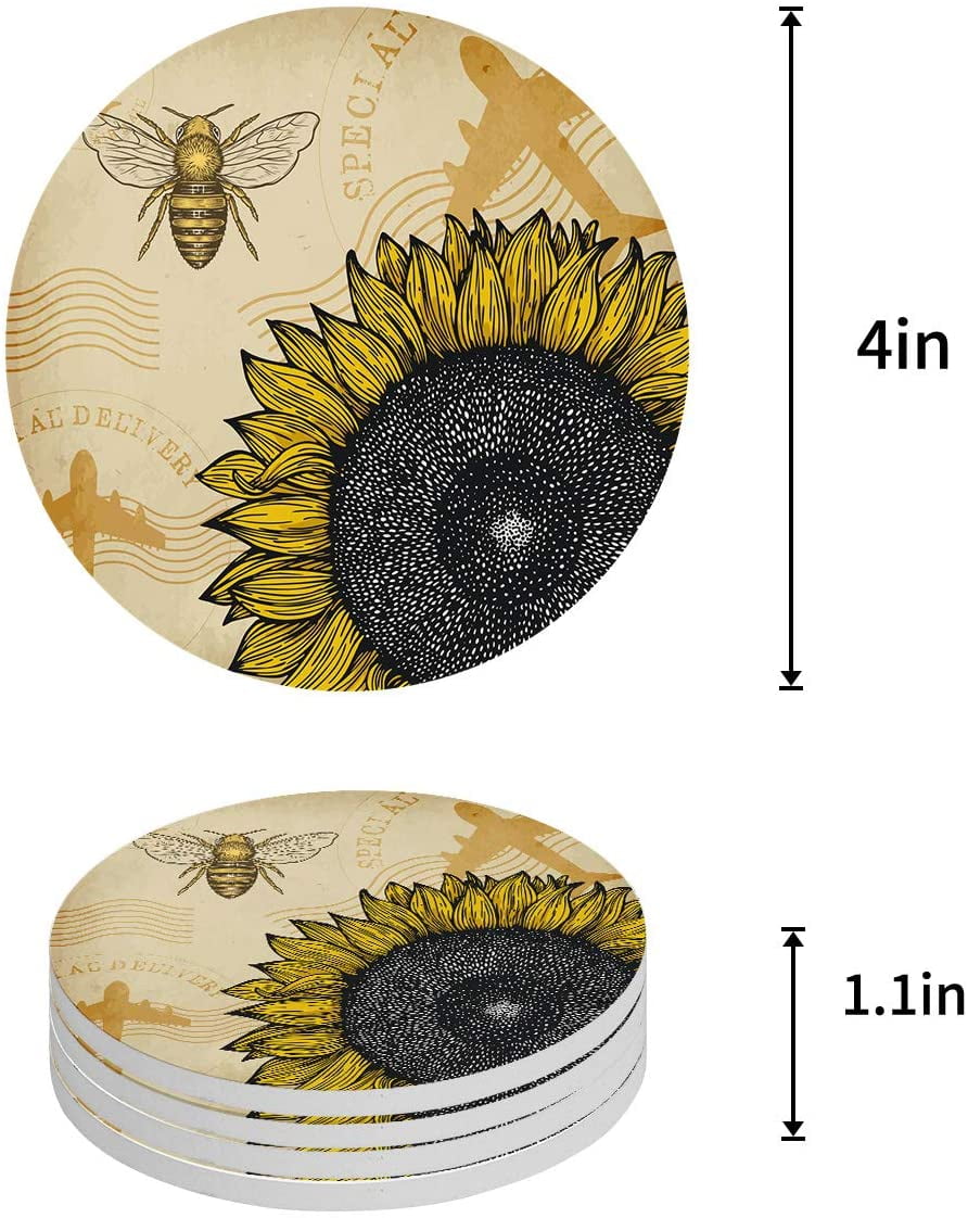ZHANZZK Vintage Sunflower and Bee Pattern Set of 8 Round Coaster for ...