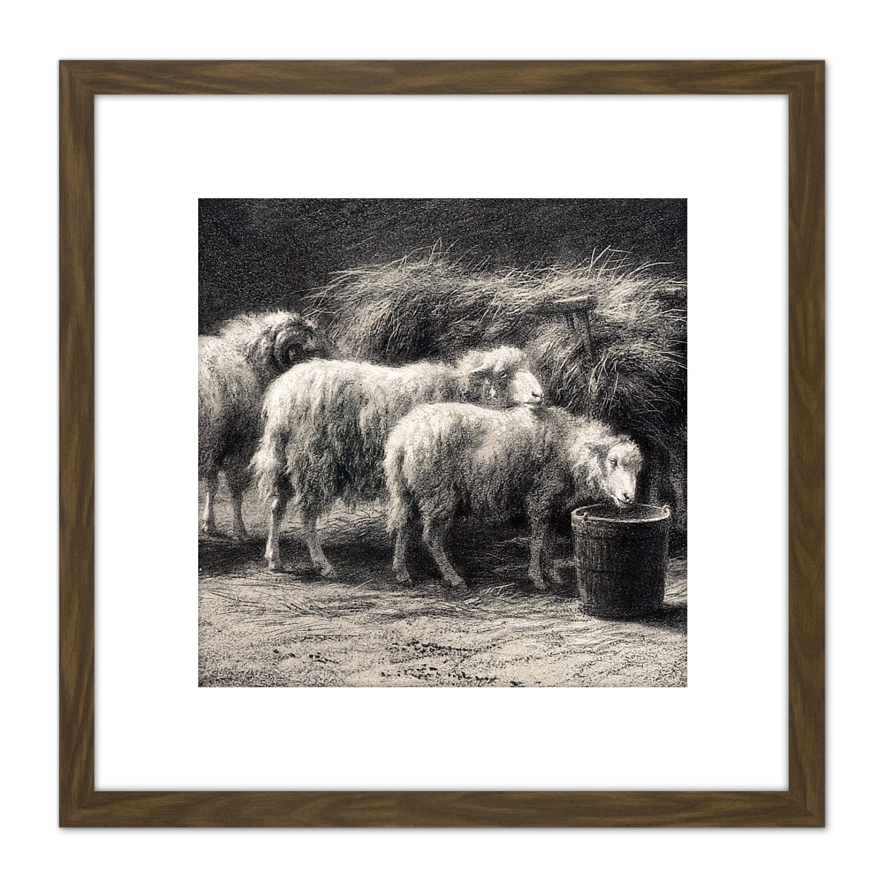 Bonheur Bergerie Sheep Pen Drawing 8X8 Inch Square Wooden Framed Wall ...