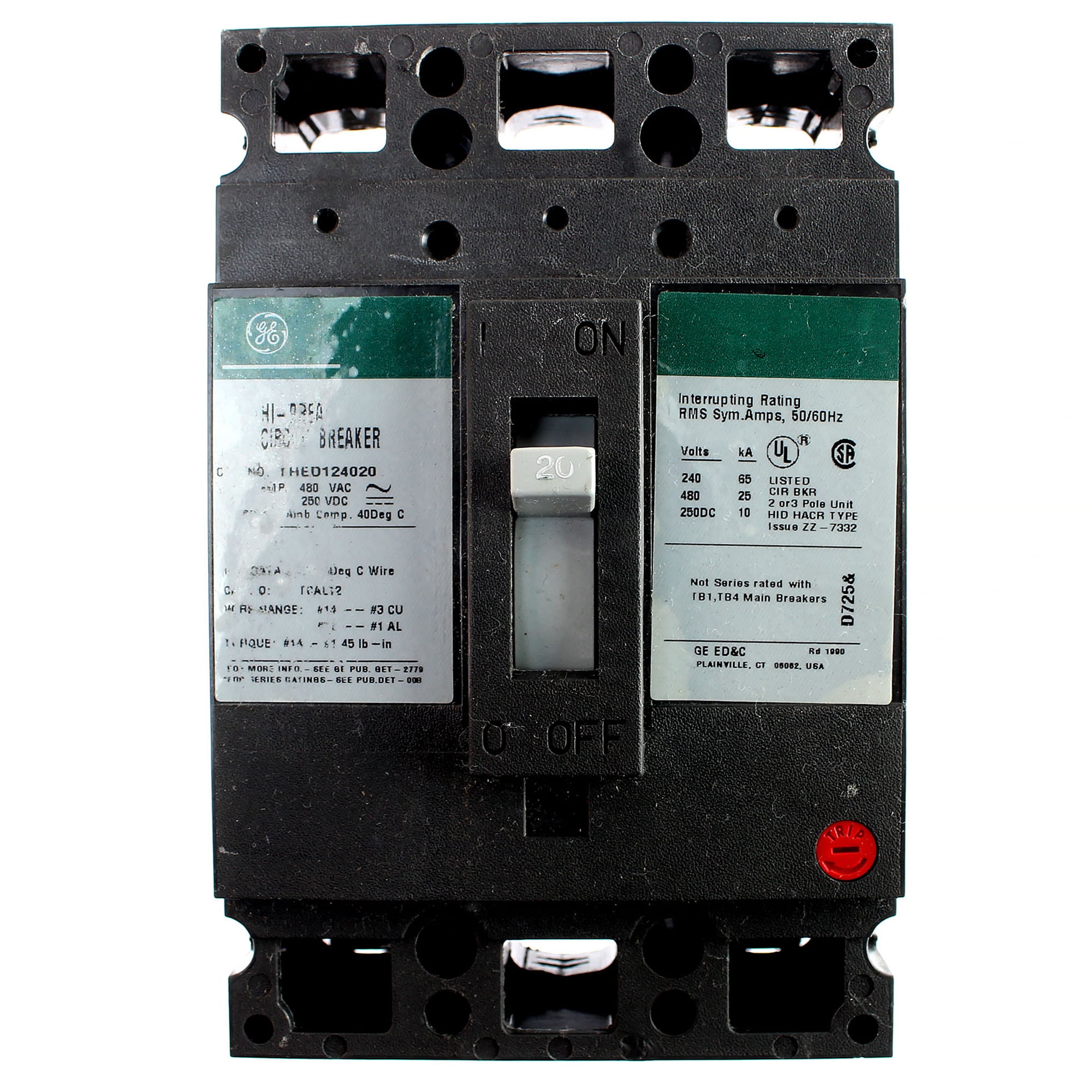 GE THED124020 Molded Case Circuit Breaker, 2-Pole, 20A, 480V, THED ...