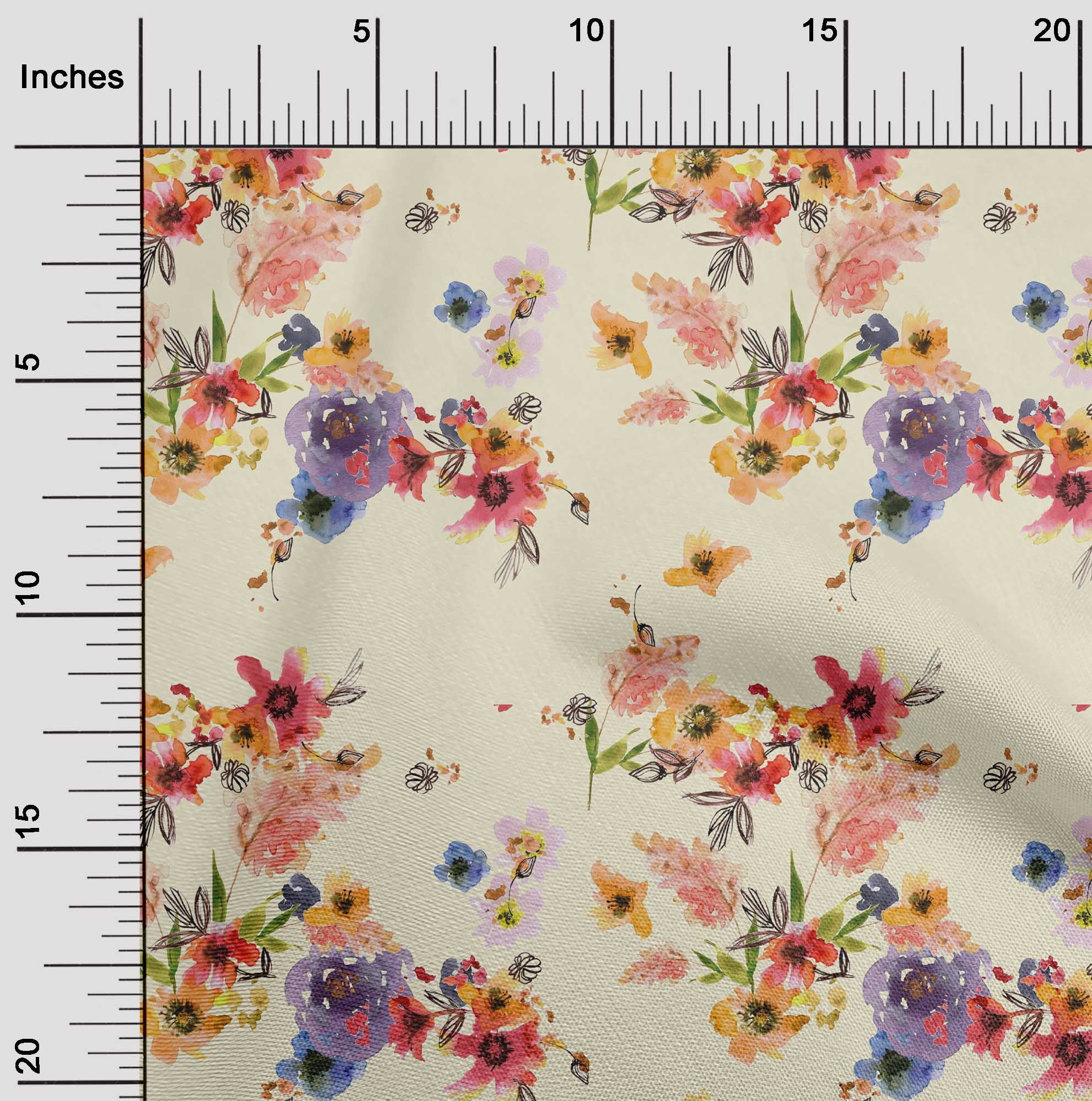 oneOone Silk Tabby Cream Fabric Flower Watercolor Fabric For Sewing ...