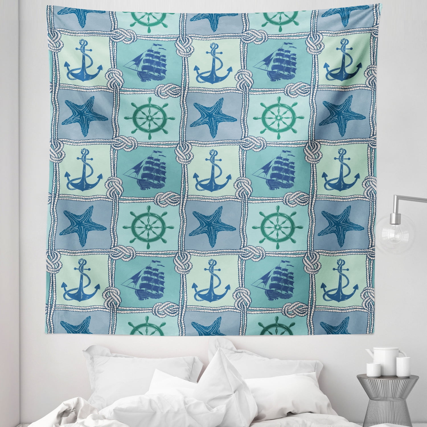 Anchor Tapestry, Nautical Patchwork Pattern Starfish Sailing Ship ...