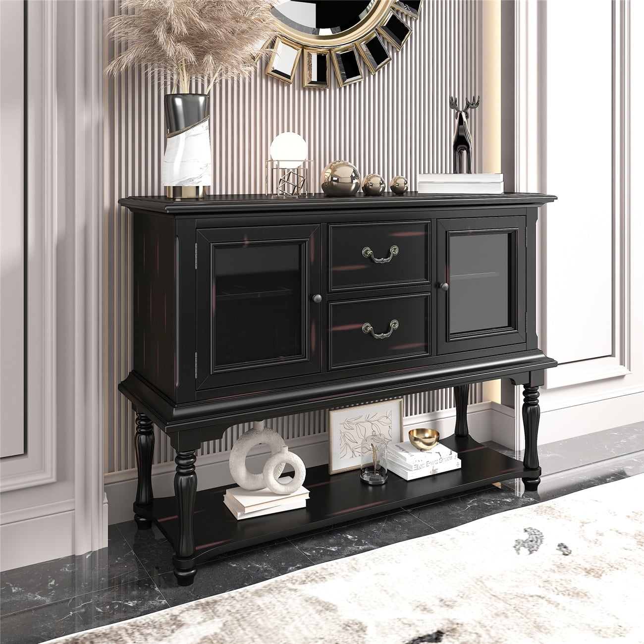 52"L Console Table, Retro Entryway Table Two Drawers, Two Glass Doors ...