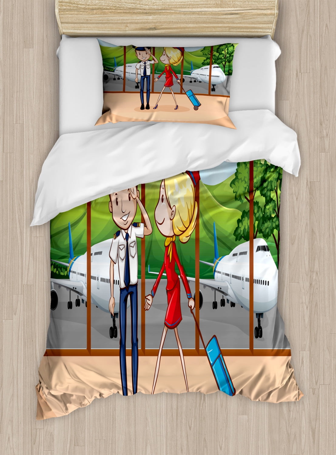 Airport Duvet Cover Set Twin Size, Sweet Cartoon of Cabin Crew Pilot ...