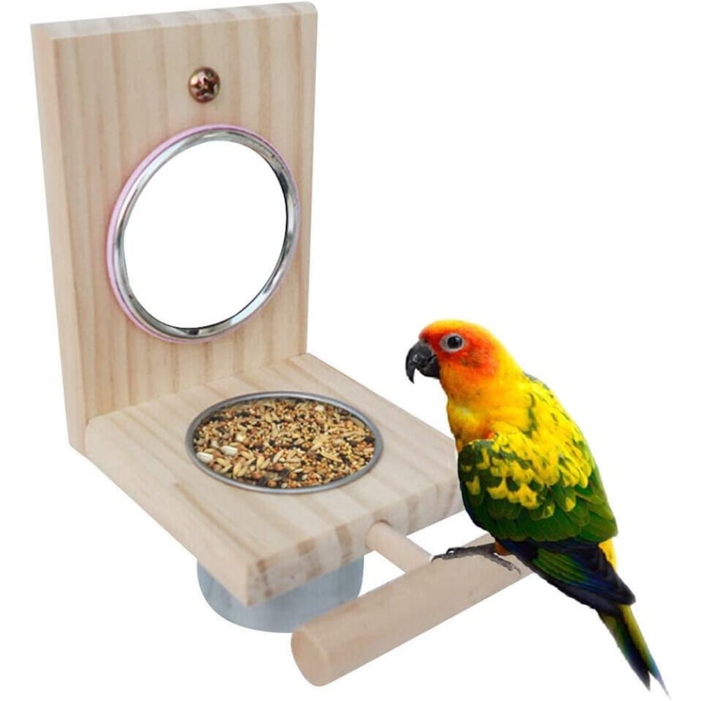 PEACNNG Bird Feeder Parrot Perches Toys Mirror Stand Stainless Steel ...