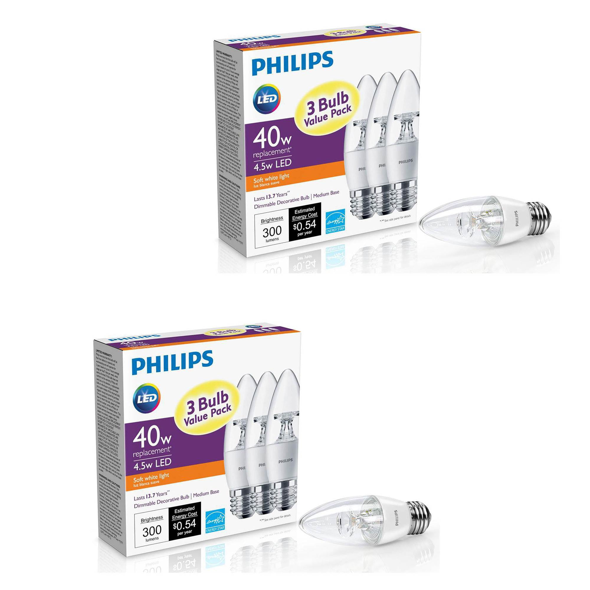 Philips Dimmiable 4.5W B11 E26 120V Replacement LED Light Bulb 3 Pack ...