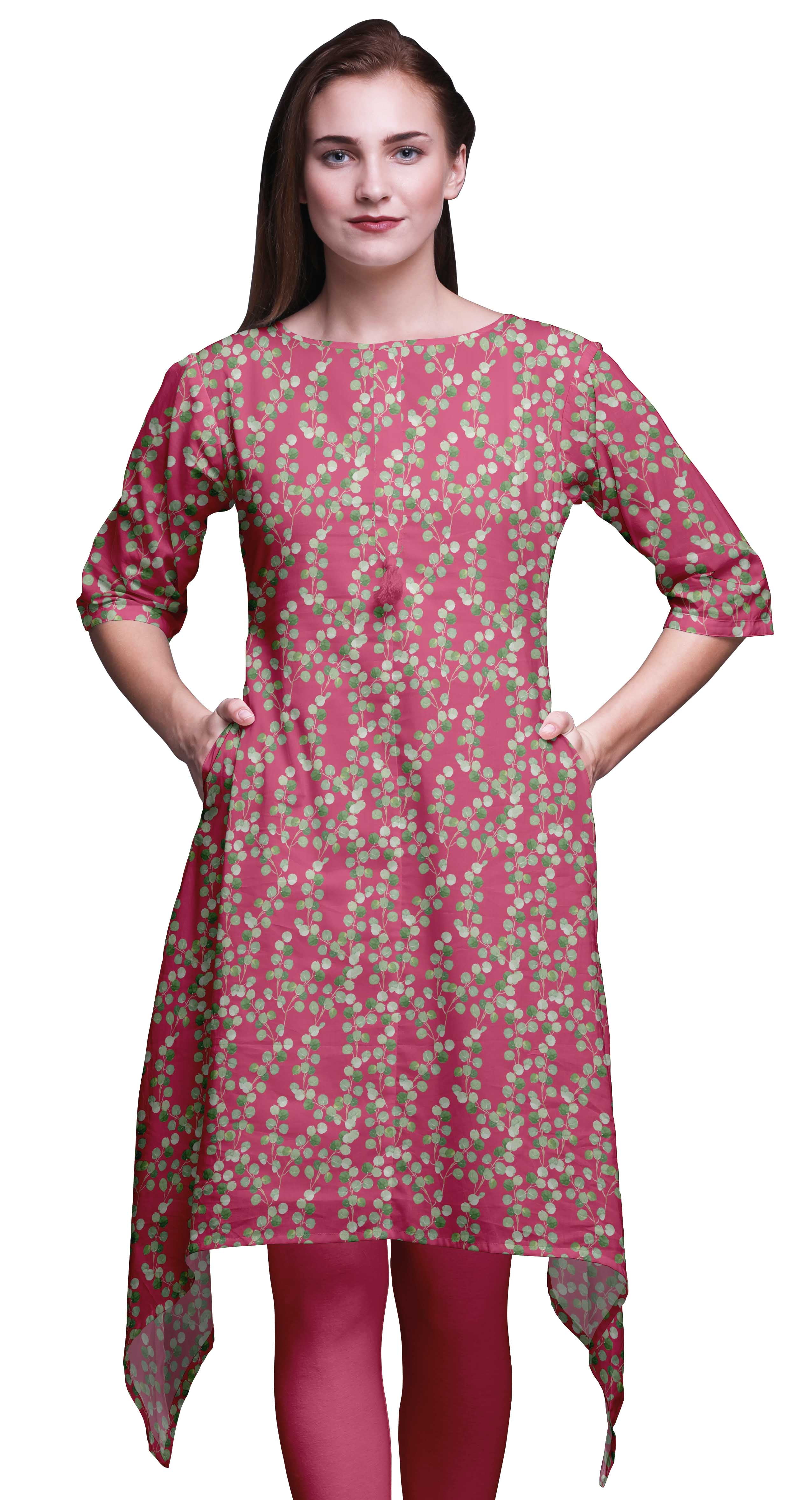 Bimba Pink Leaf Leaves Asymmetric Kurta Indian Tunic Tops For Women ...