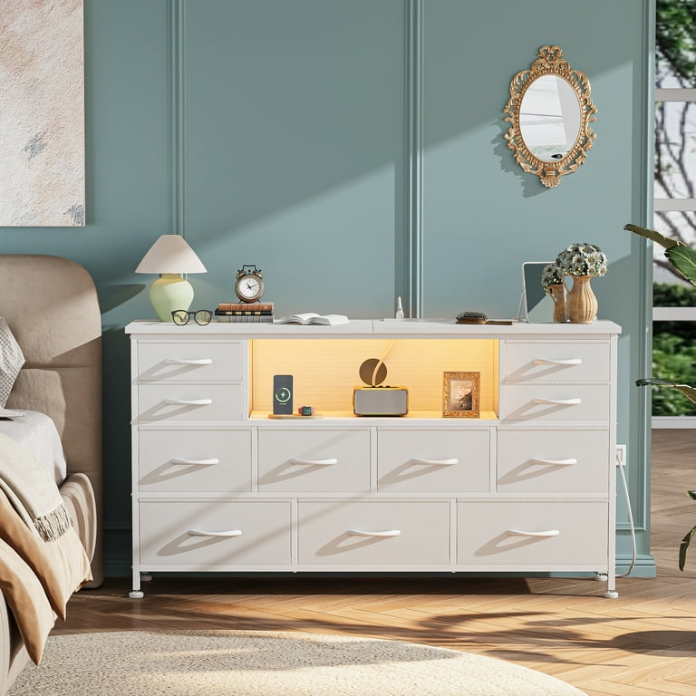 Gikpal Dresser for Bedroom with LED Lights White Dresser TV Stands for 55 60 inch TV with 11 Drawers and Power Outlets Fabric Chest of Drawers for