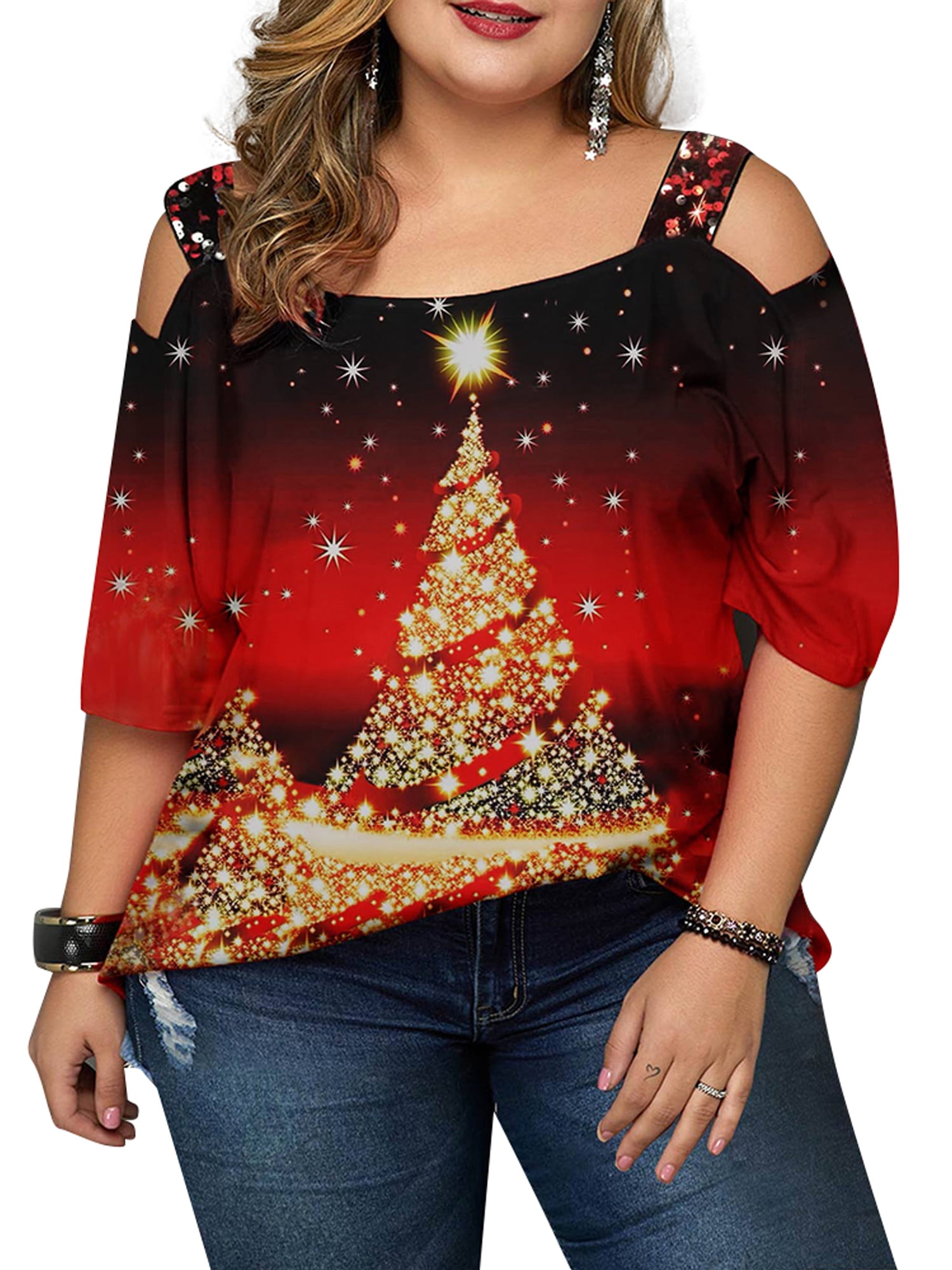 DYMADE Plus Size Women Christmas Tops Gradient Print Cold Shoulder ...