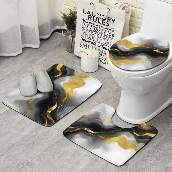 Black and Gold Marble Glitter Streaks Pattern Bathroom Rugs Sets 3 ...