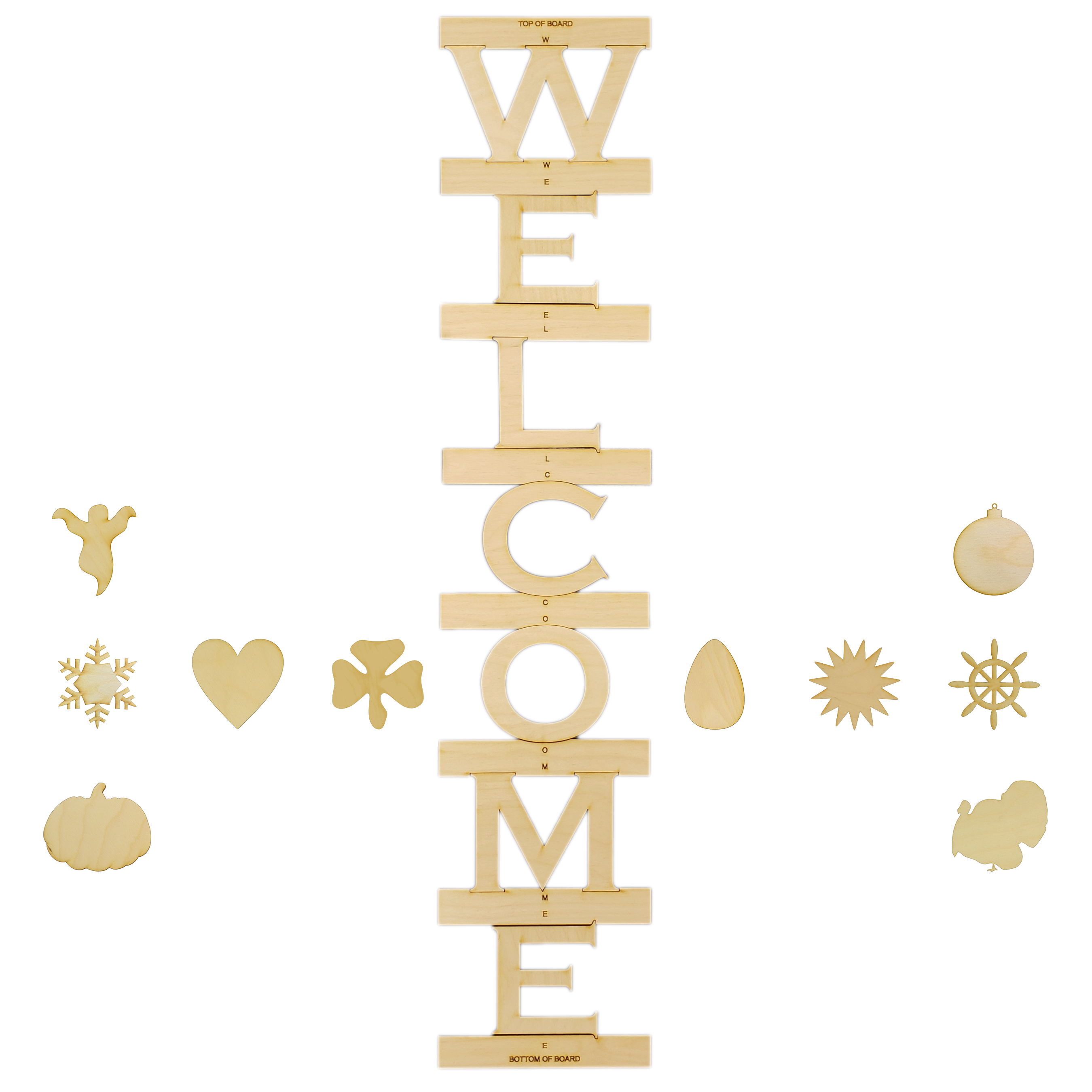 48 inch "Welcome" Board Wood Letter Set + Alignment Guides + Seasonal Shapes (Copperplate Gothic ...
