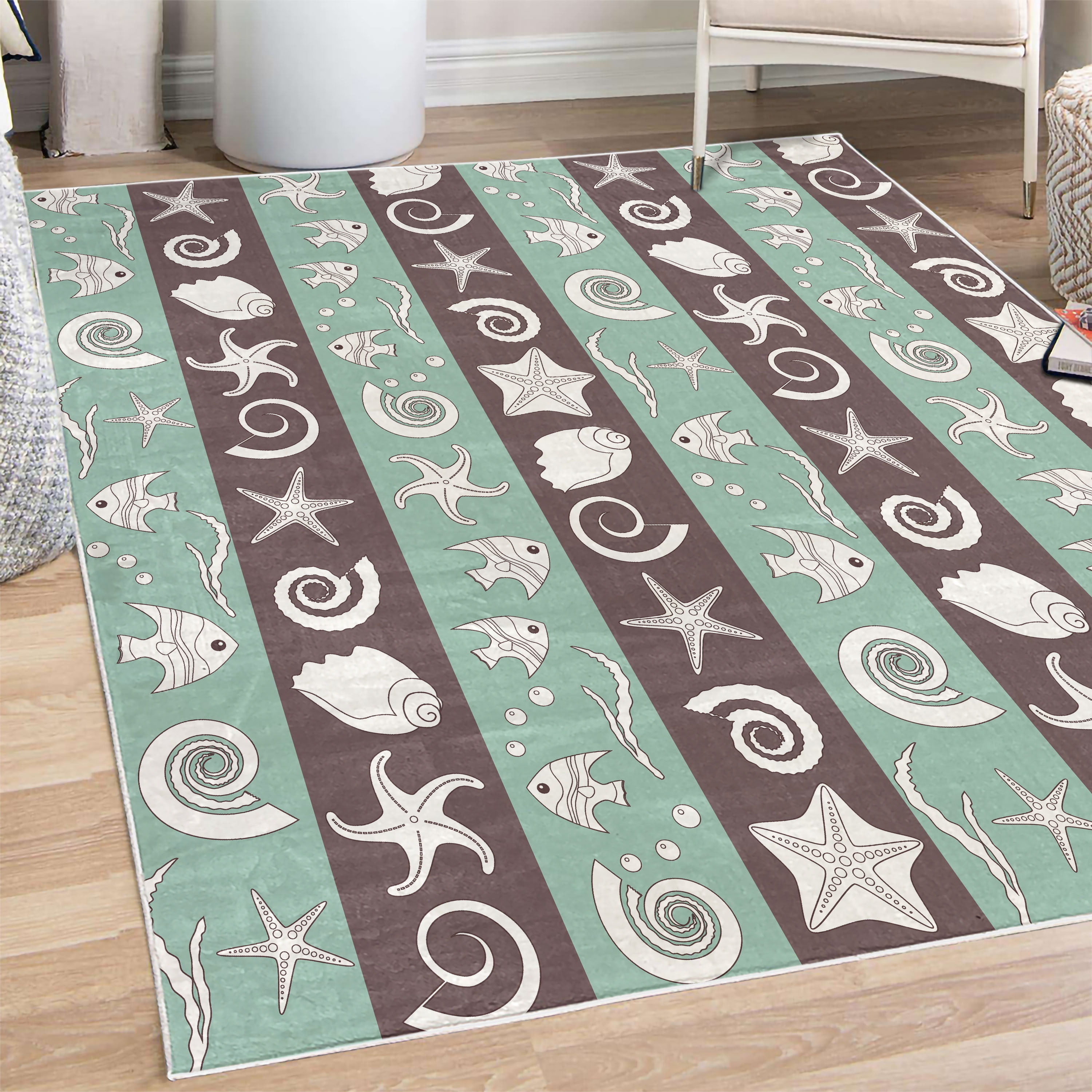 Nautical Decorative Rug, Marine Theme Sea Animals Fishes Shells on ...