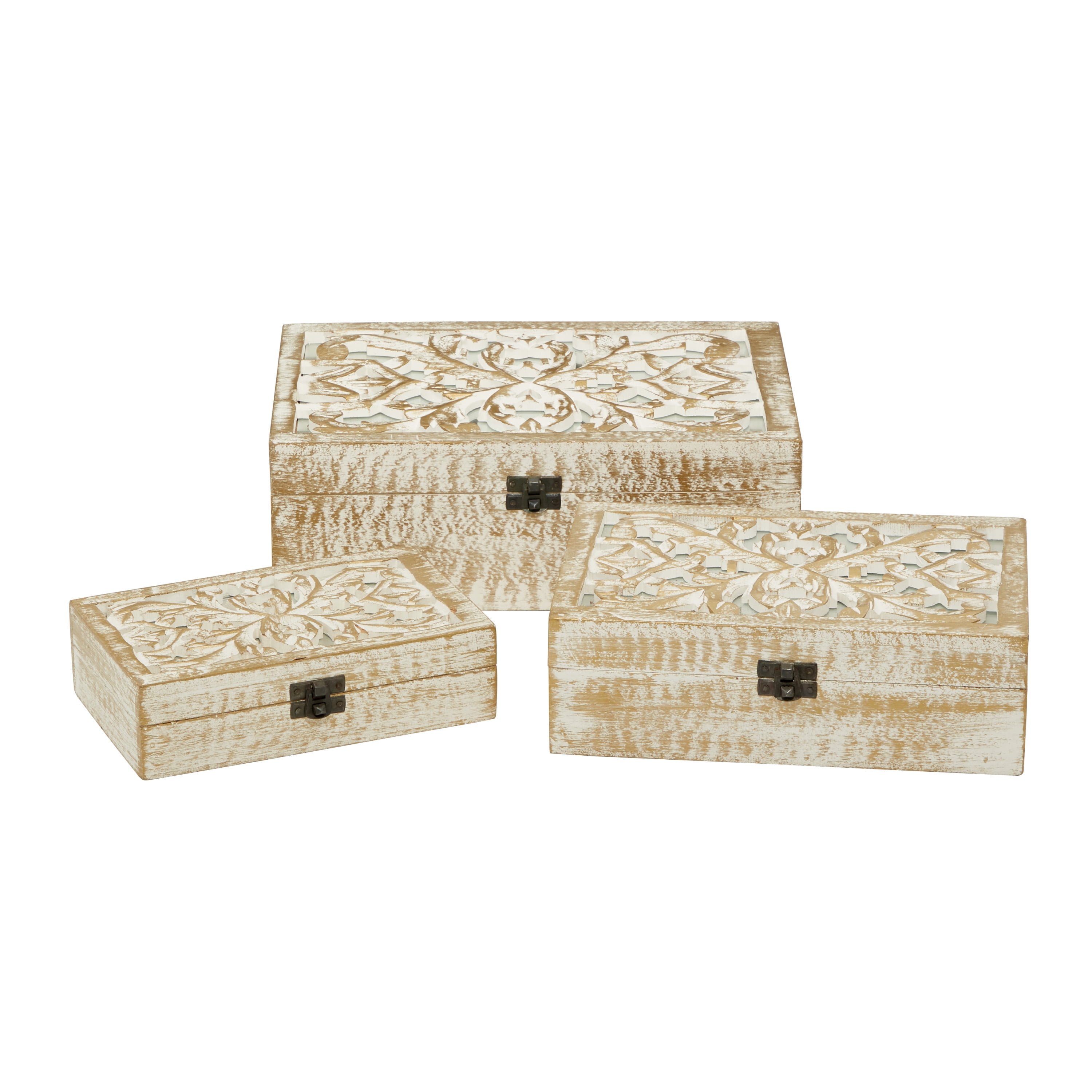 DecMode Floral Handmade White Mango Wood Decorative Box with Hinged Lid ...