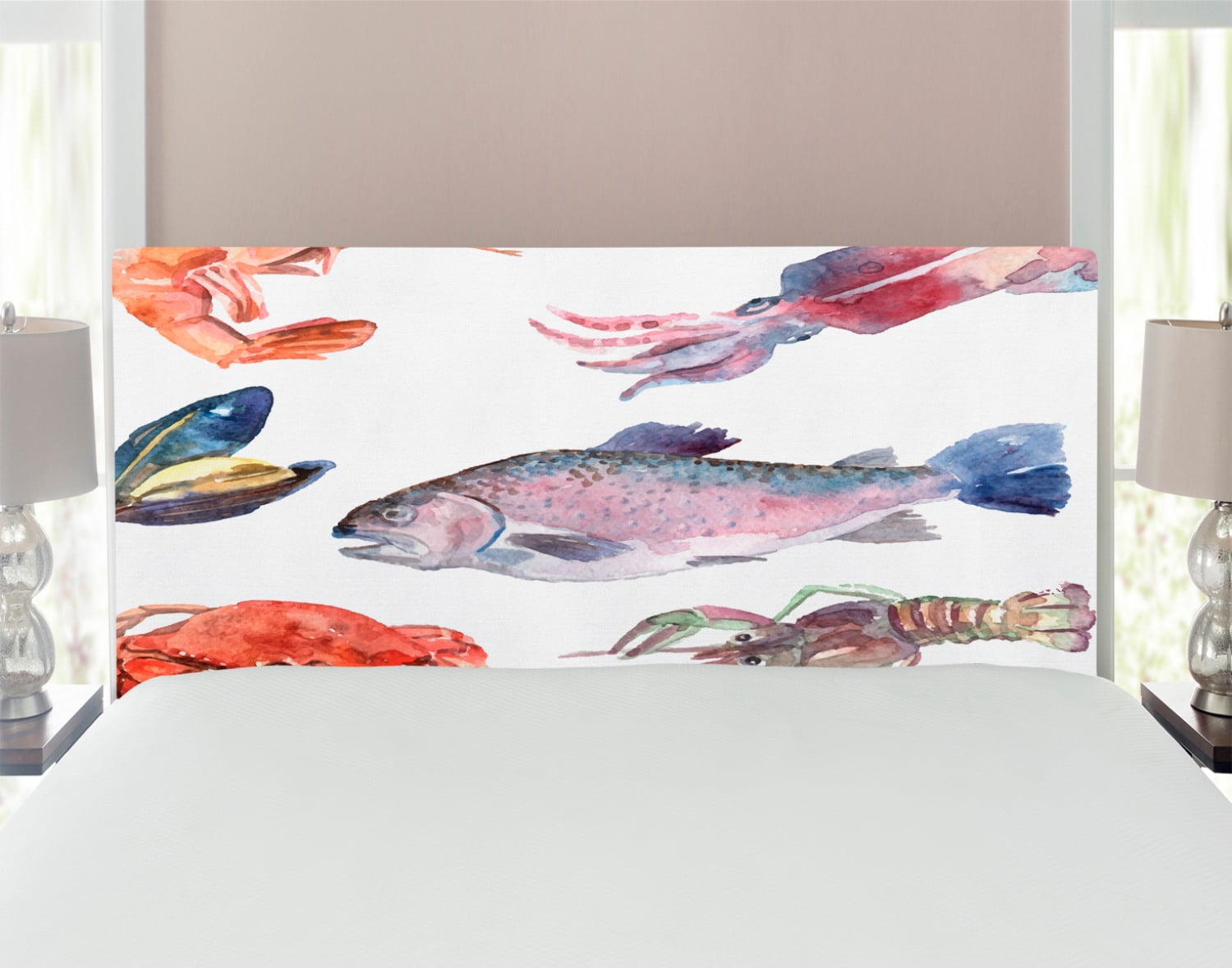 Sea Animals Headboard, Food Illustration Shrimp Mussel Fish Crab ...