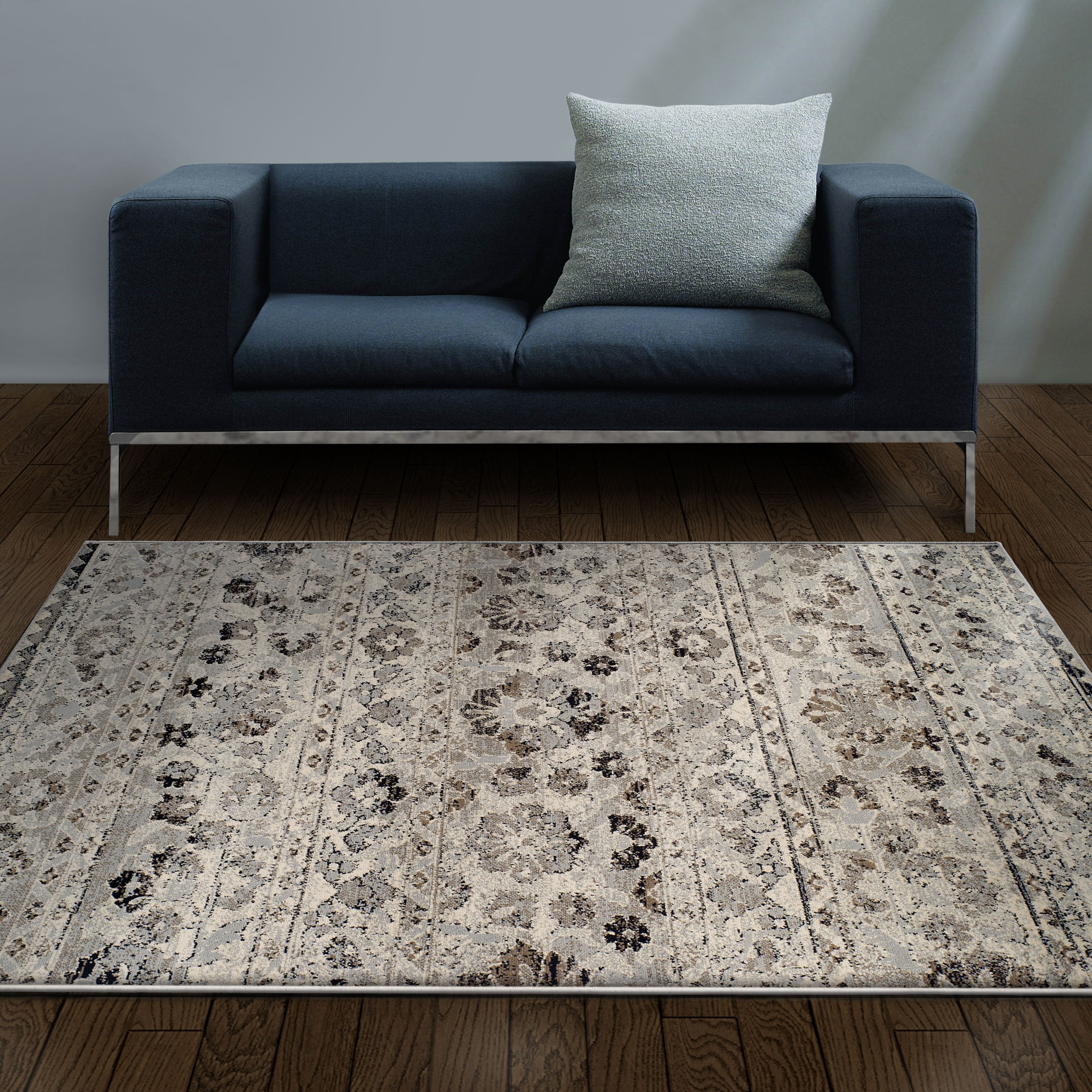 Fawn Vintage Distressed Floral Damask Area Rug Blue / 5 ft. x 8 ft ...