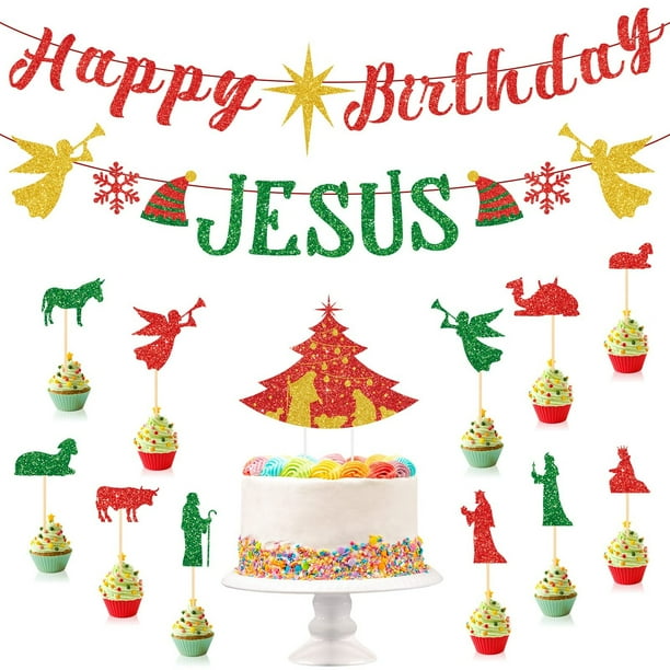 Jesus Birthday Celebration Set: Banner, Cupcake Topper, Cake Topper ...
