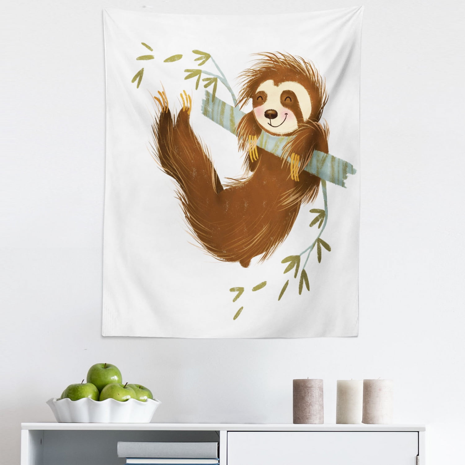 Sloth Tapestry, Happy Cheerful Animal Swinging on Tree Branch Hand ...