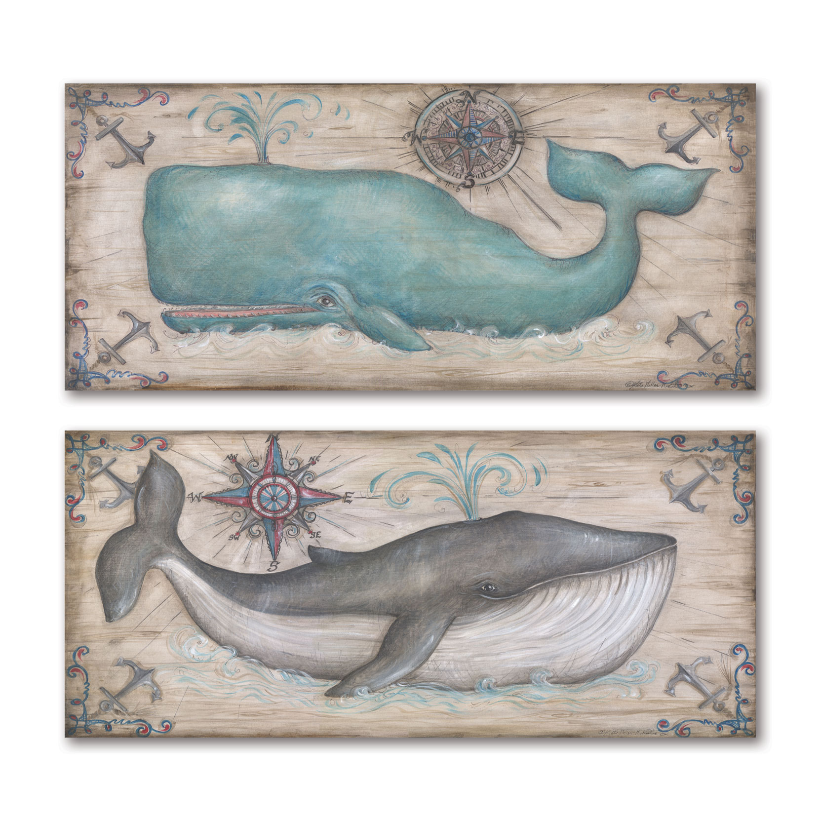 Gango Home Decor Gray and Teal Whale Nautical Panels;; 2-18" x 6 ...