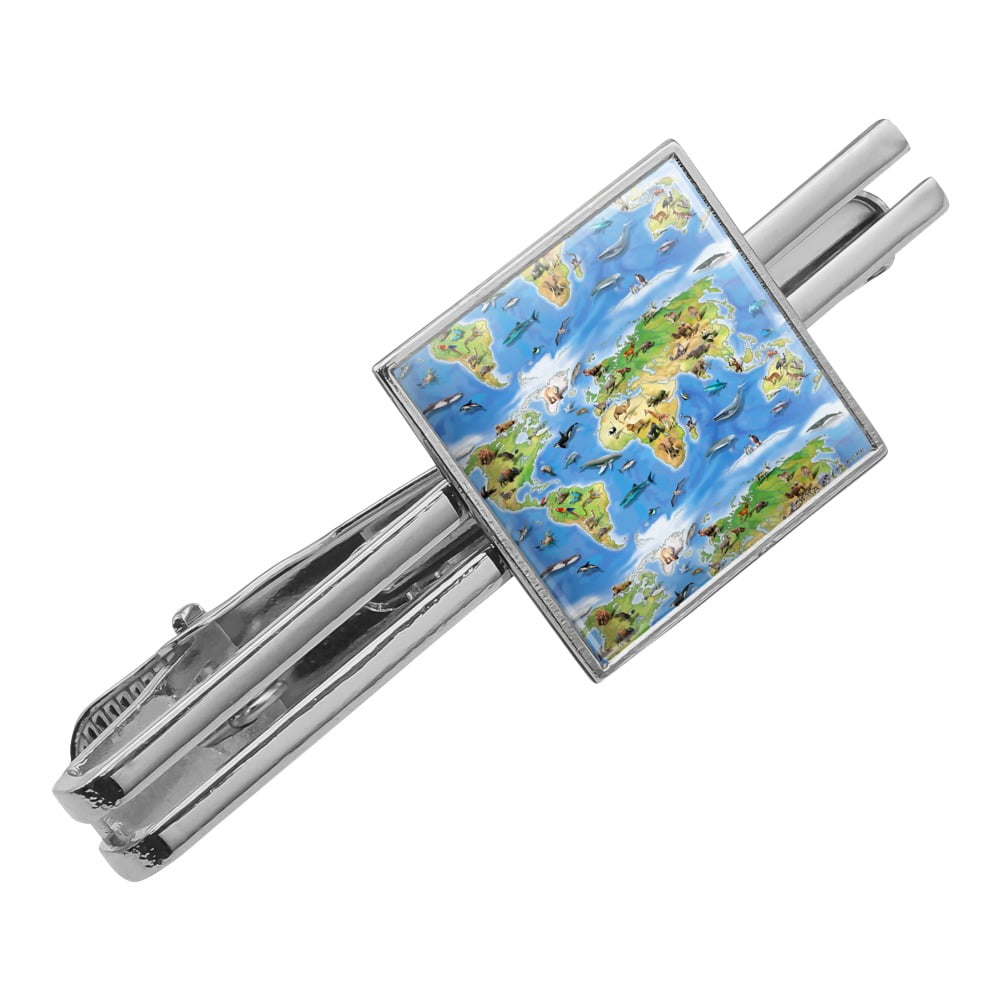 Animals of the World Continents Atlas Globe Pattern Square Tie Bar Clip ...