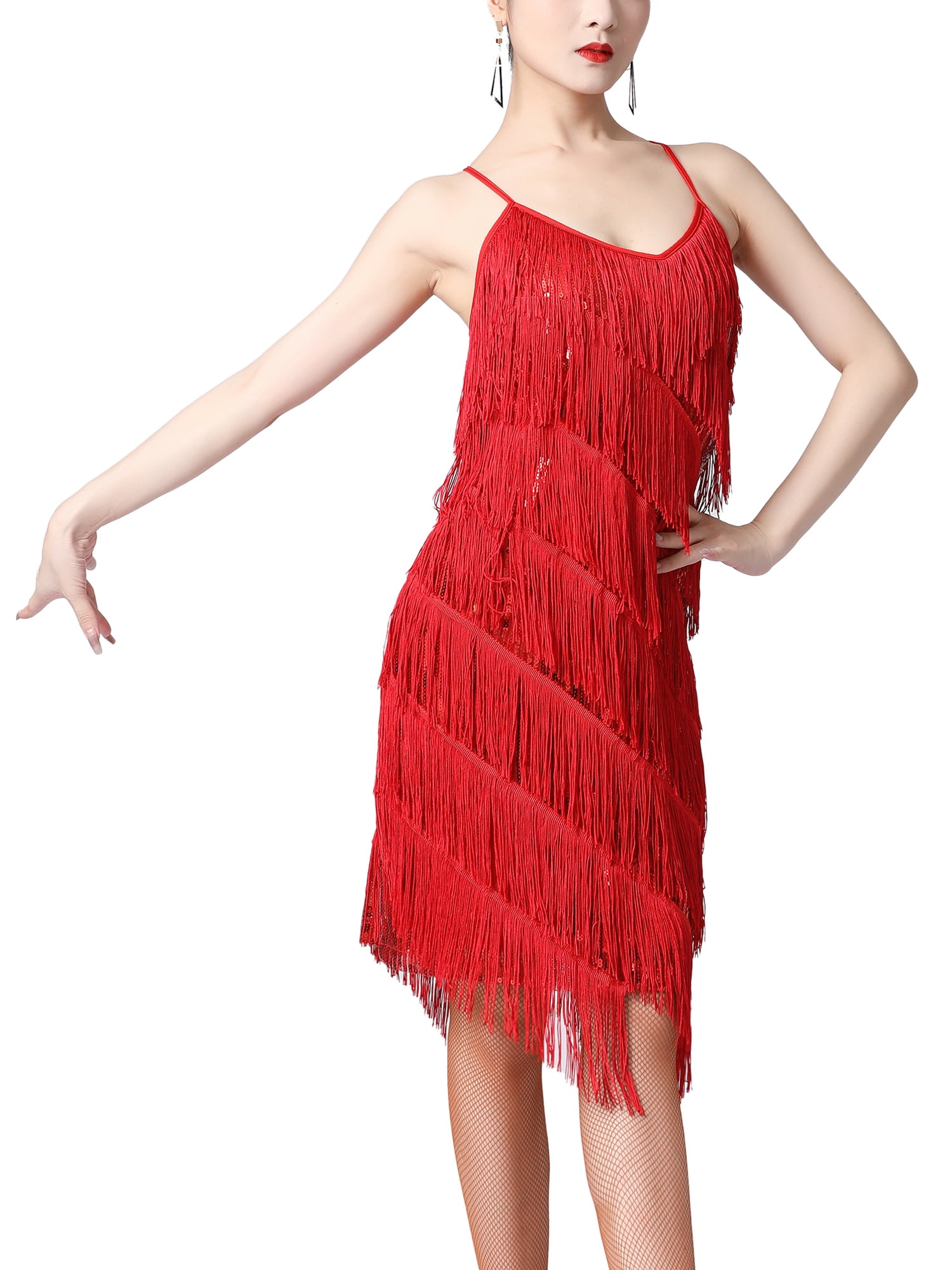 YiZYiF Womens Sparkling Sequins Tassels Dance Dress Latin Tango Dance ...