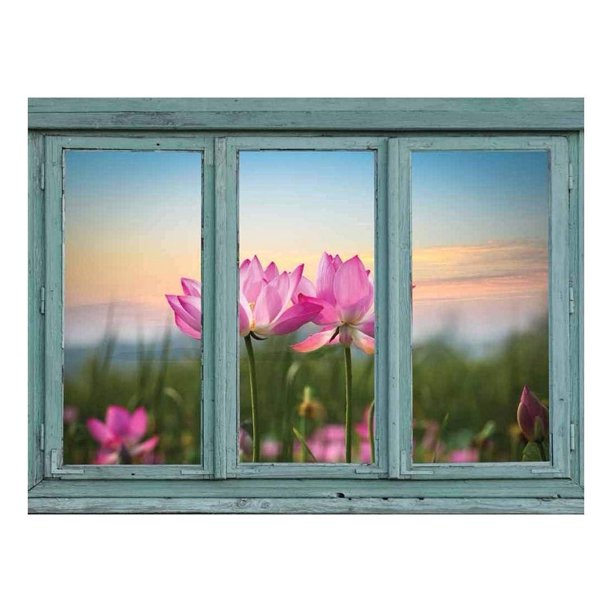 wall26 Vintage Teal Window Looking Out Into a Field of Lotus Flowers ...