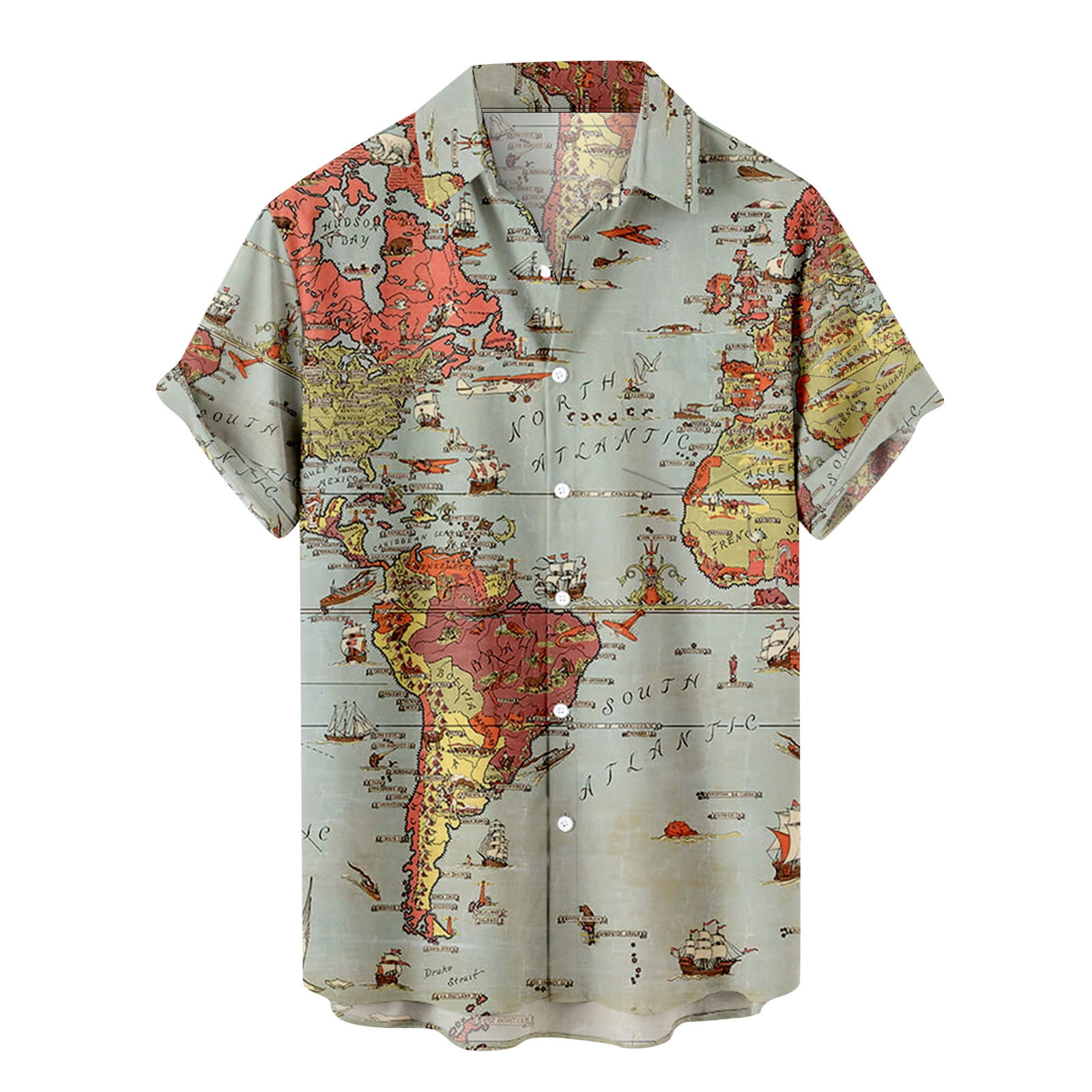 Mens Short Sleeve Hawaiian Tshirt World Map Print Button Up Tee Shirt ...
