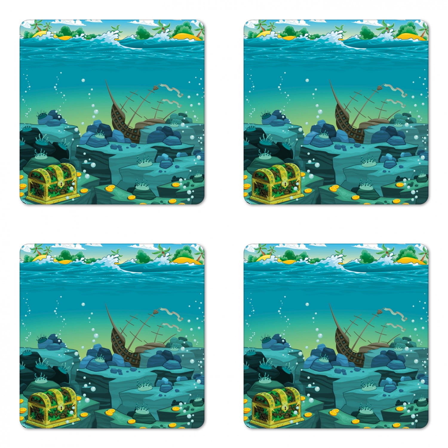 Cartoon Coaster Set of 4, Seascape Underwater Treasure Galleon and Sunk ...