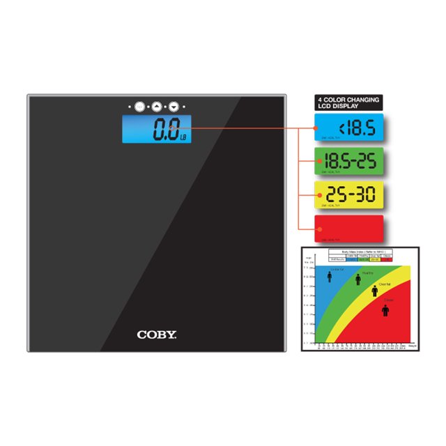 COBY Digital Bathroom Scale with Color Changing LCD Display and BMI ...