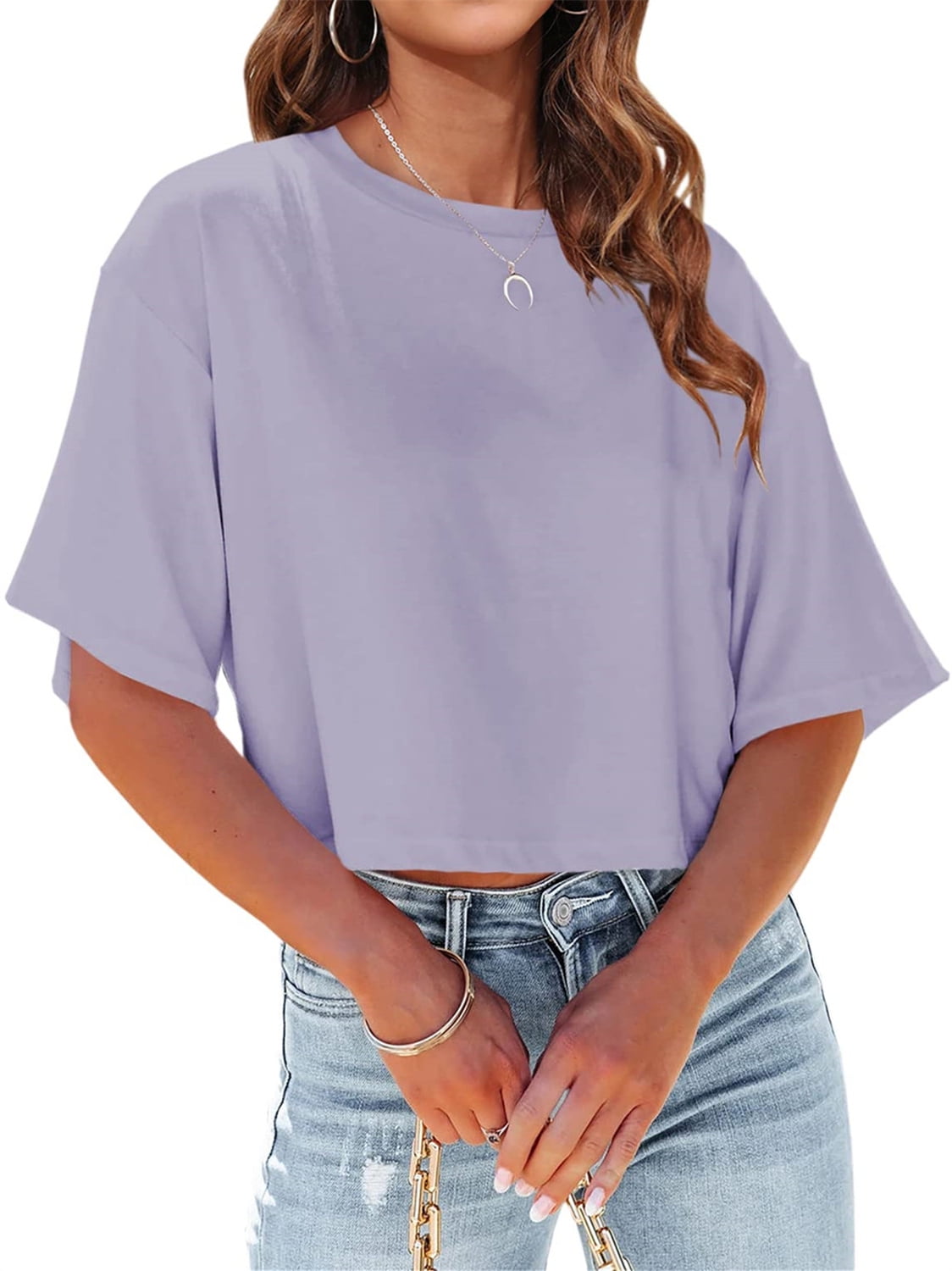 Dellytop Women Half Sleeve Drop Shoulder Solid Color Basic Crop Tops ...