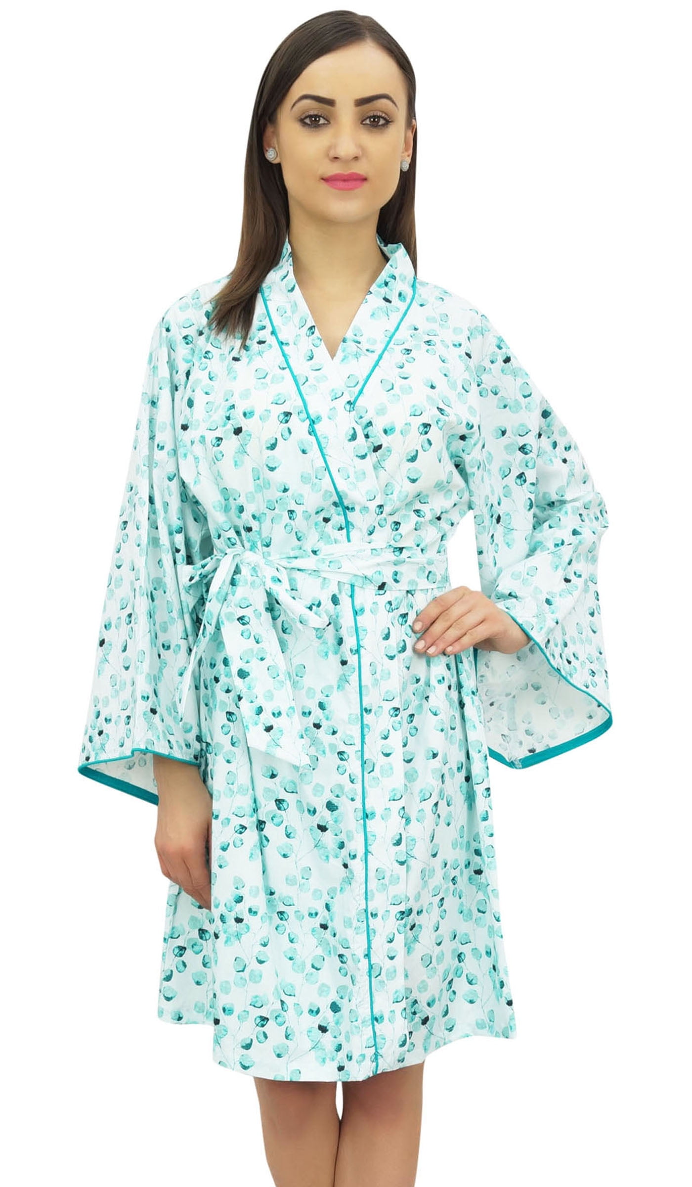 Bimba Women's Leaf Printed Cotton Poplin Bridesmaid Robe Coverup ...